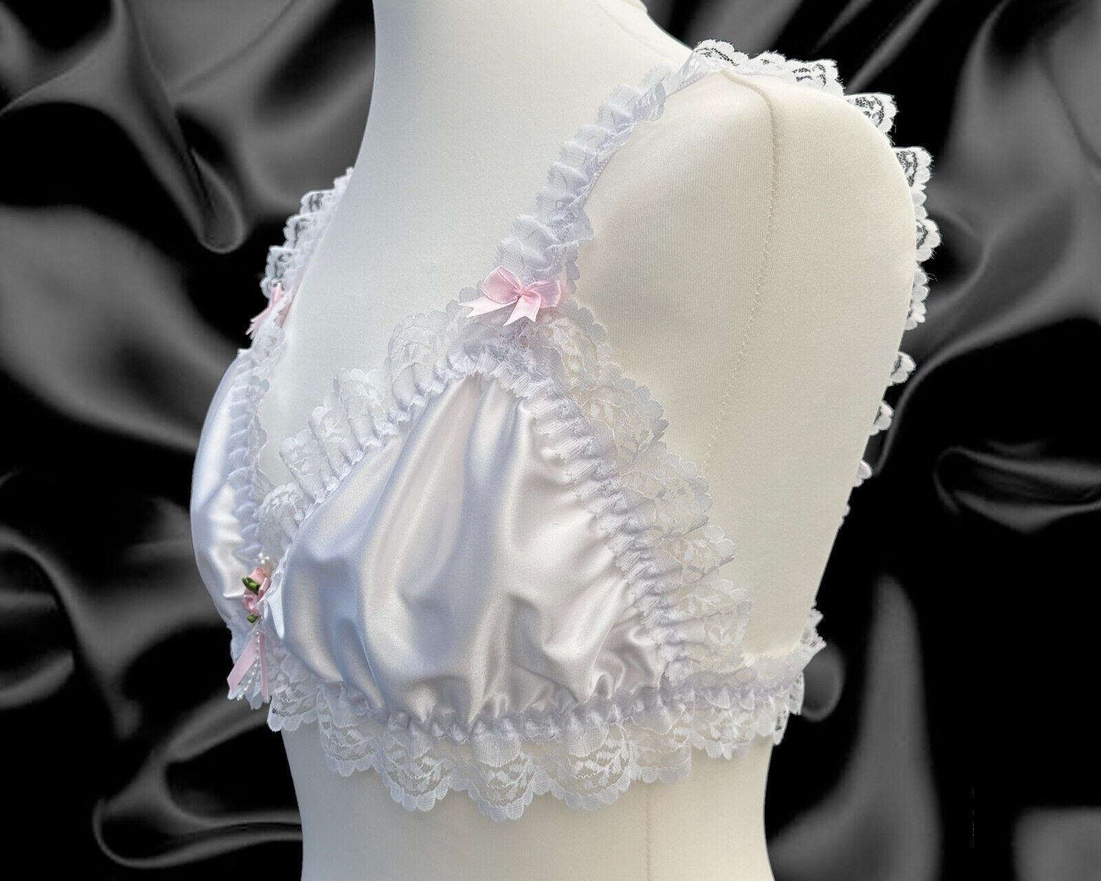 Sissy Satin Frilly Lacy Fitted Pull On Bra Bralette Roses Pearls Bows ...