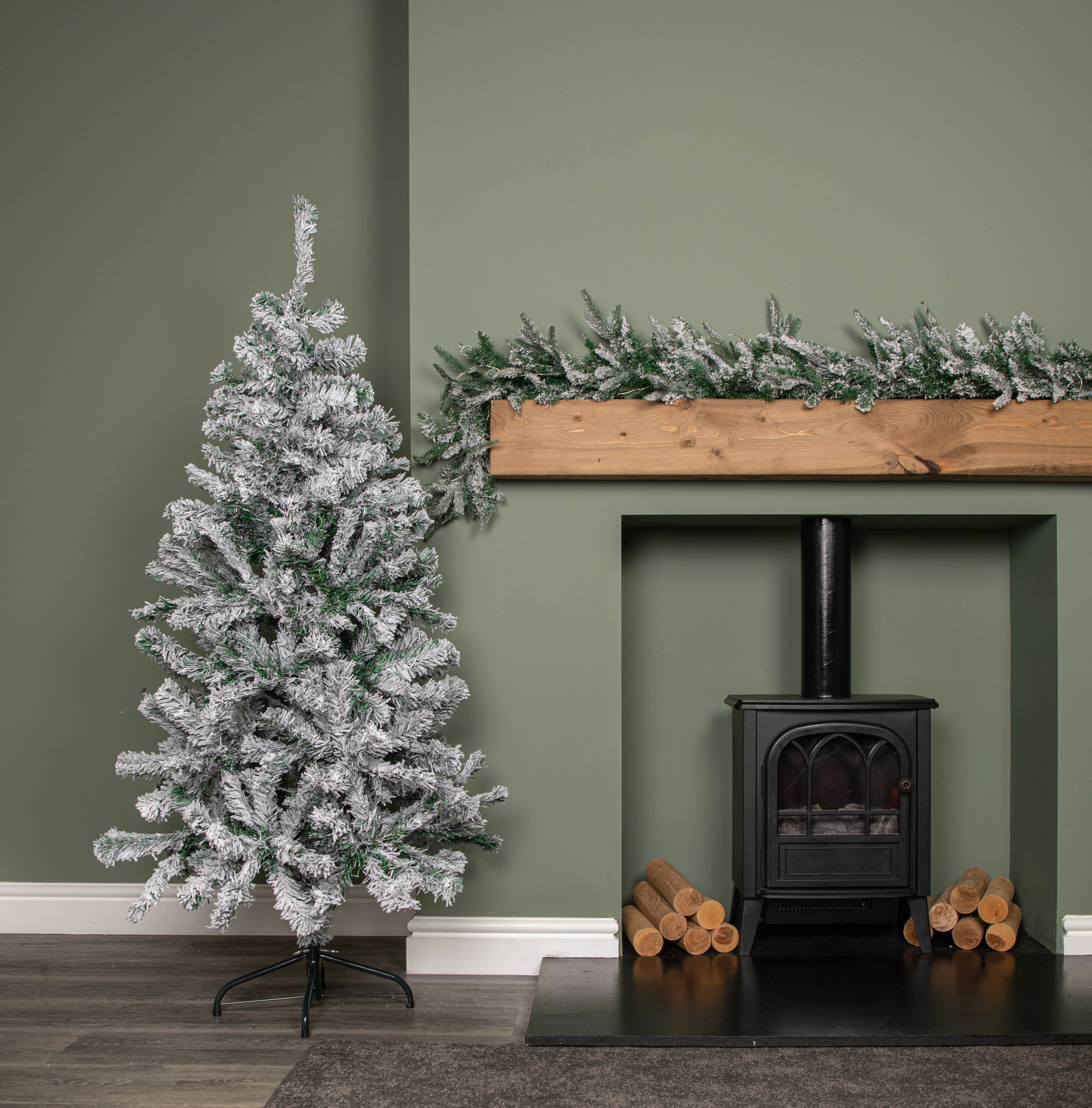 Choice of Size: Snow Flocked Artificial Christmas Tree with Green Metal ...