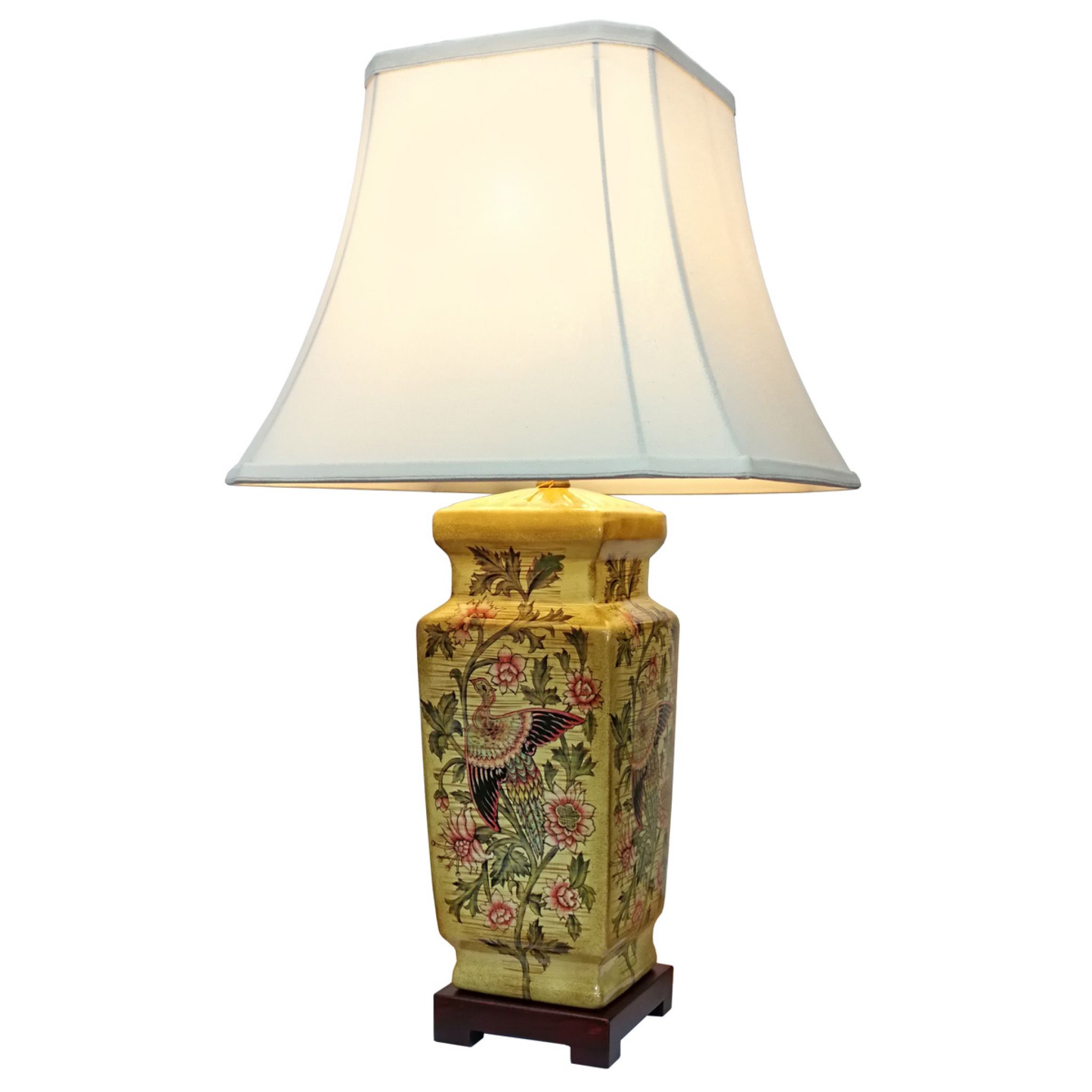 Oriental Chinese Ceramic Table Lamp with Shade Yellow Phoenix Floral ...