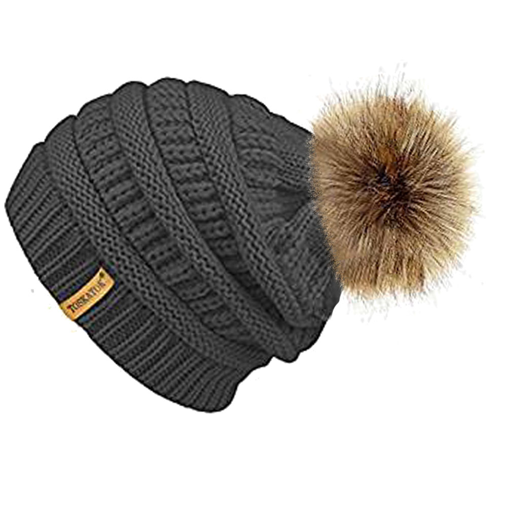 LADIES WOMENS WINTER TEXTURED KNIT BEANIE BOBBLE HAT DETACHABLE FAUX ...