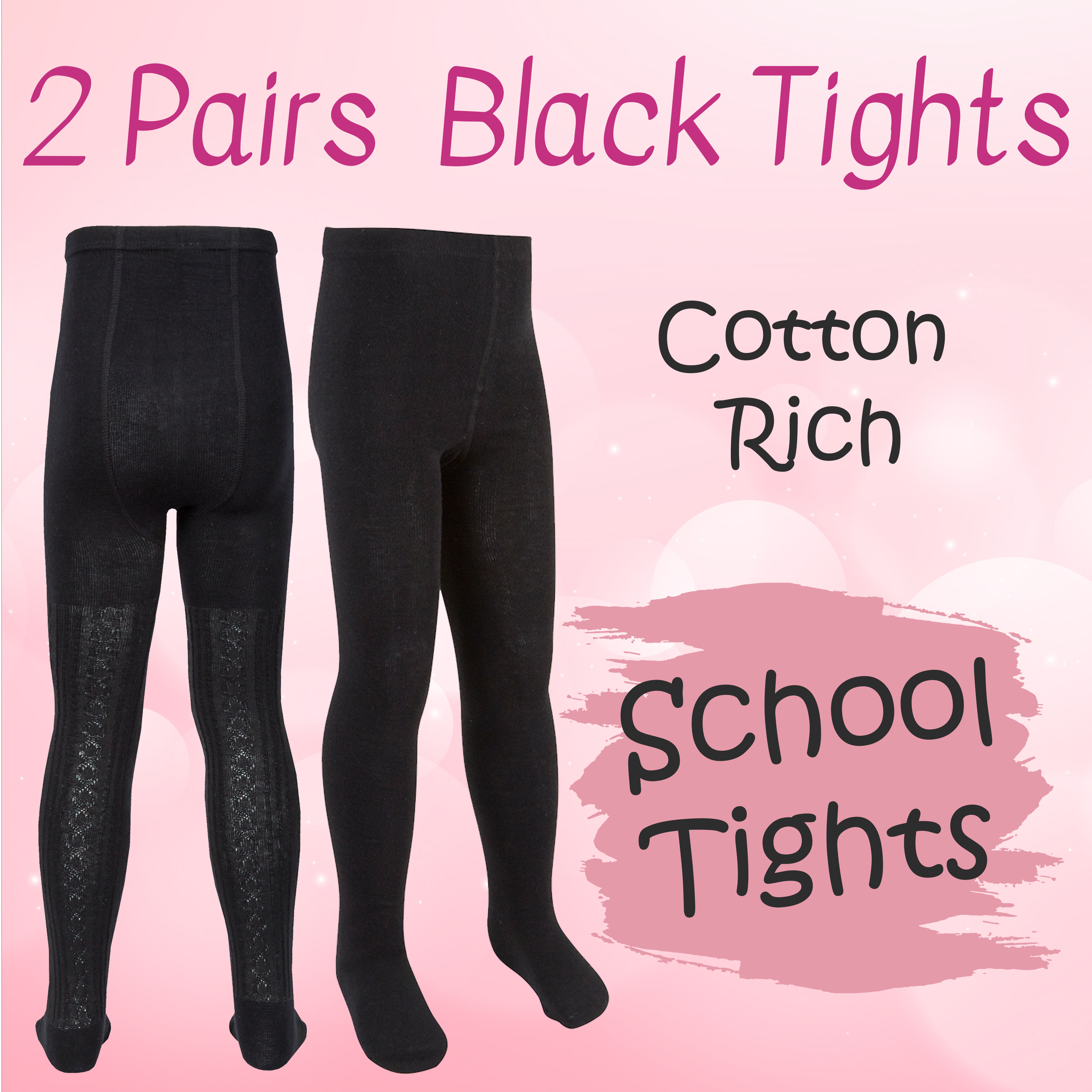 * Pack of 2 Pairs Girls Cable Plain Cotton Rich Tights Uniform School 2 ...