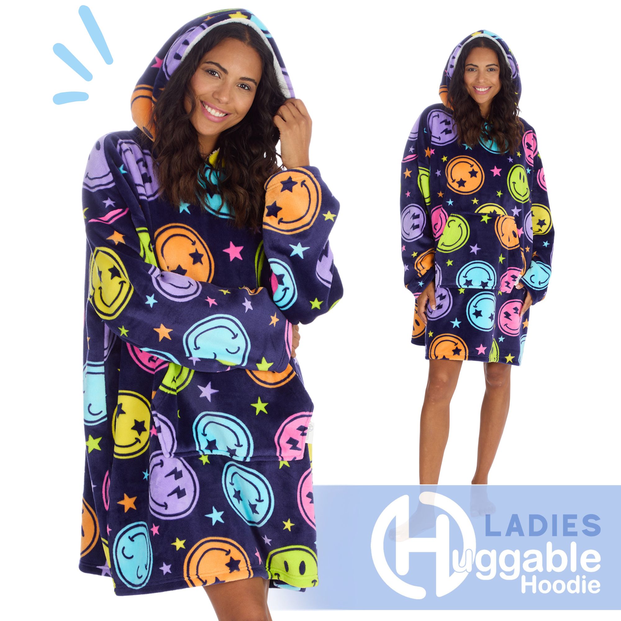 Ladies Smiley Oversized Blanekt Hoodie Giant Plush Fleece Snuggie Cosy ...