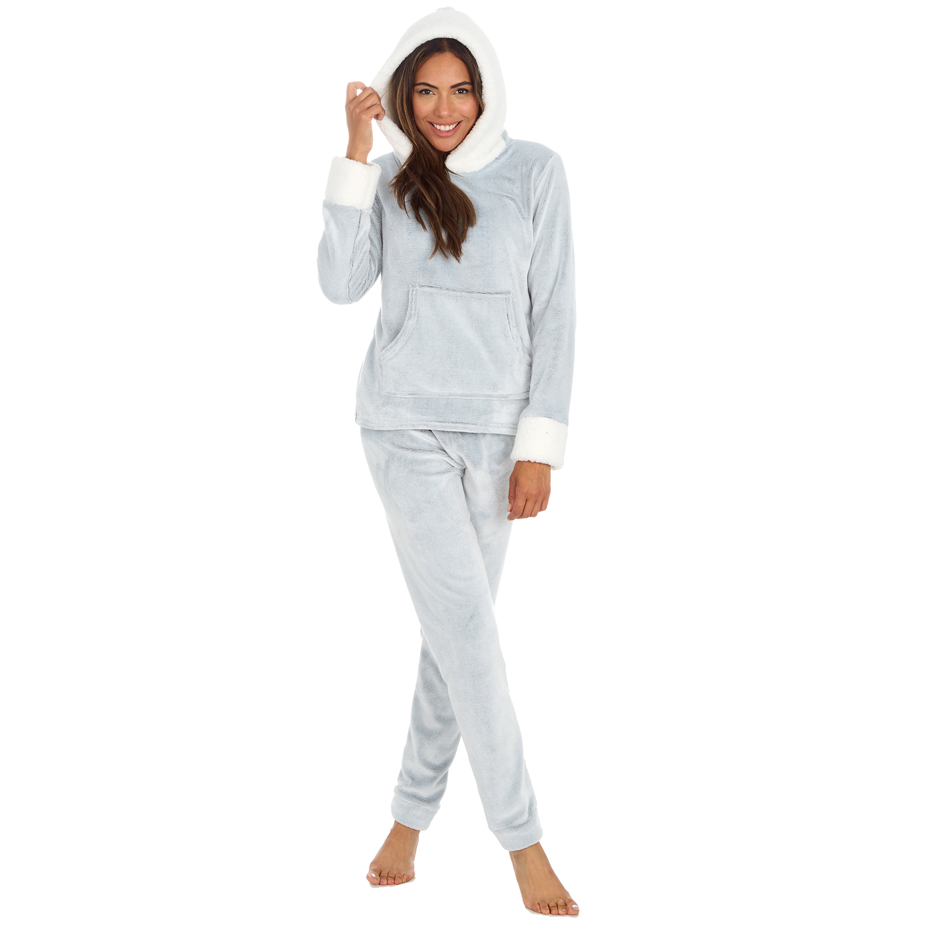 Ladies Frosted Flannel Fleece Lounge Set Long Sleeve Pyjama Set with ...