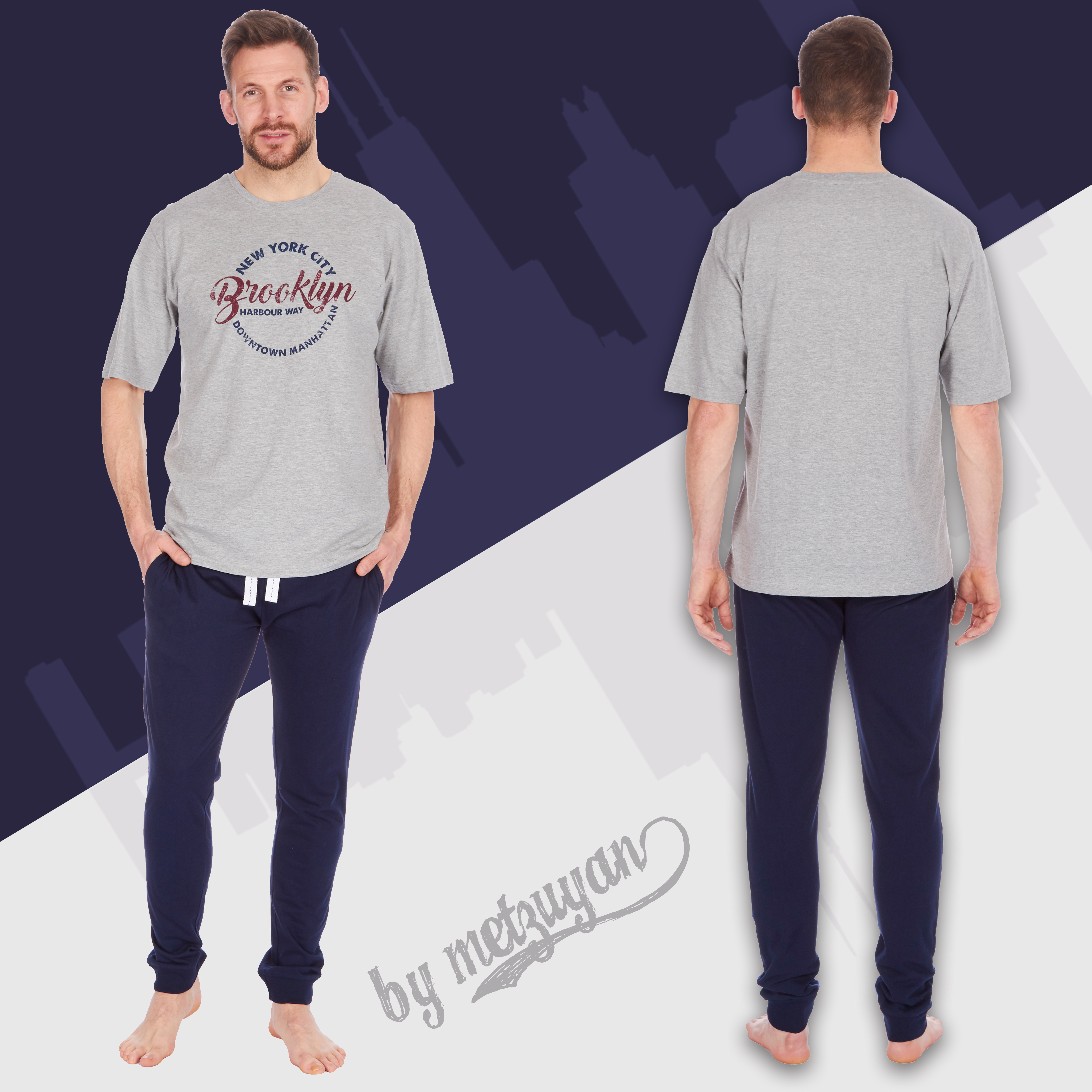 Mens Pyjama Set Pajama PJs Tshirt Pants Loungewear Cotton American ...