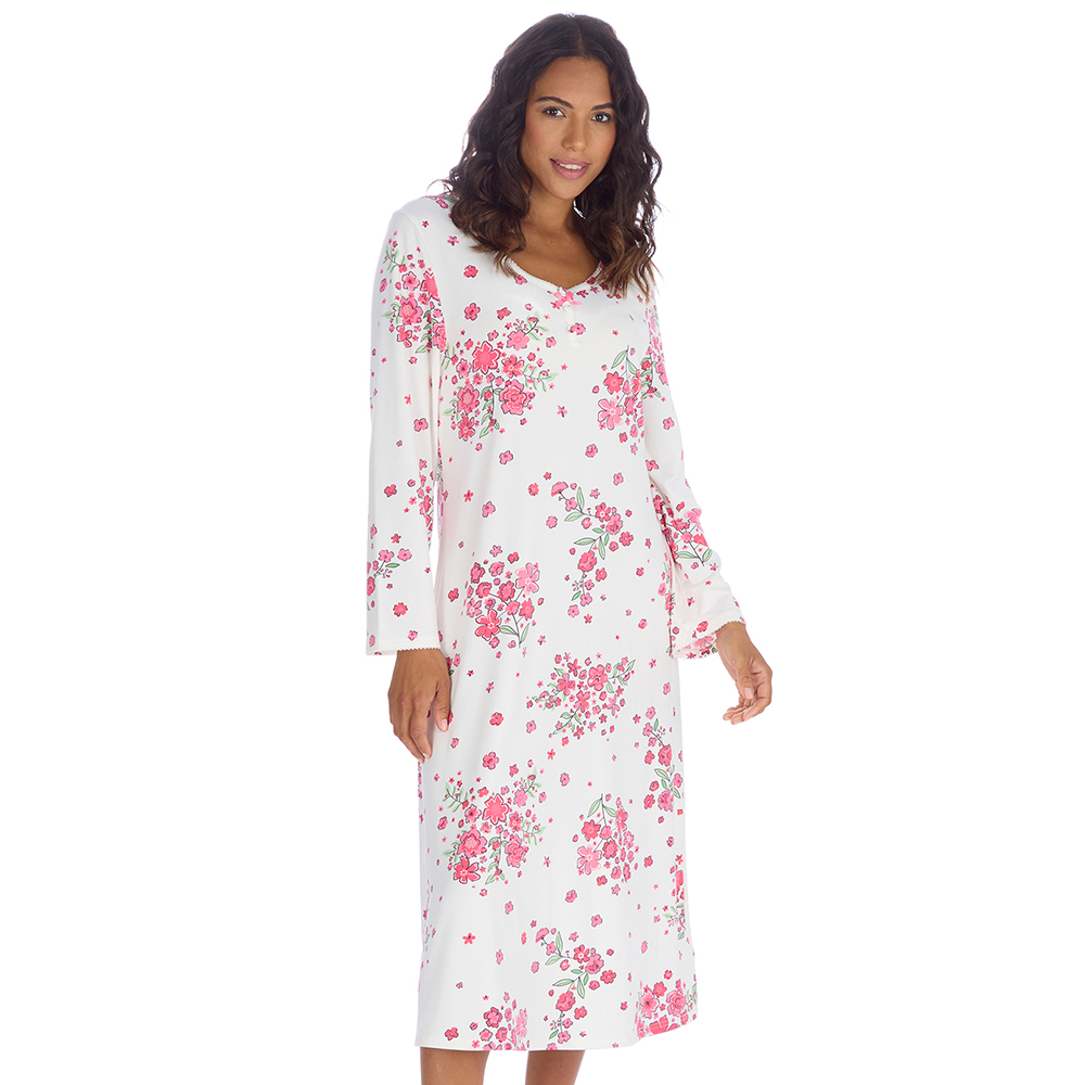 Metzuyan Ladies Floral Fleece Nightie Long Sleeve Below Knee Nightdress ...