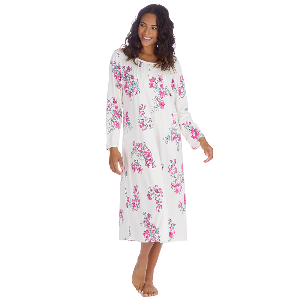 Metzuyan Ladies Floral Fleece Nightie Long Sleeve Below Knee Nightdress ...