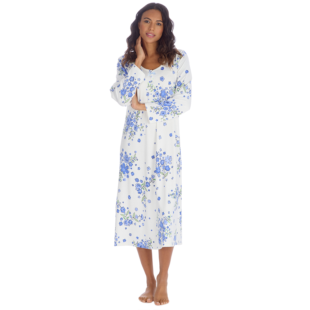Metzuyan Ladies Floral Fleece Nightie Long Sleeve Below Knee Nightdress ...