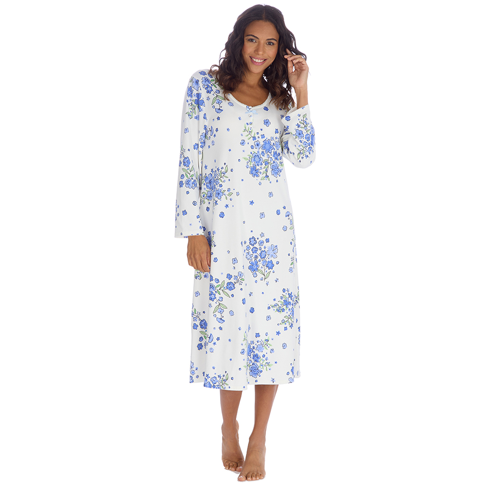 Metzuyan Ladies Floral Fleece Nightie Long Sleeve Below Knee Nightdress ...