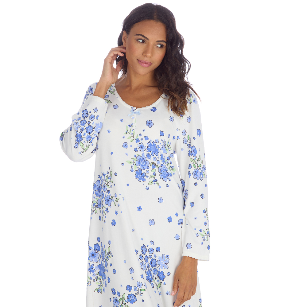 Metzuyan Ladies Floral Fleece Nightie Long Sleeve Below Knee Nightdress ...