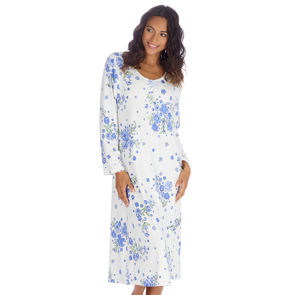 Metzuyan Ladies Floral Fleece Nightie Long Sleeve Below Knee Nightdress ...
