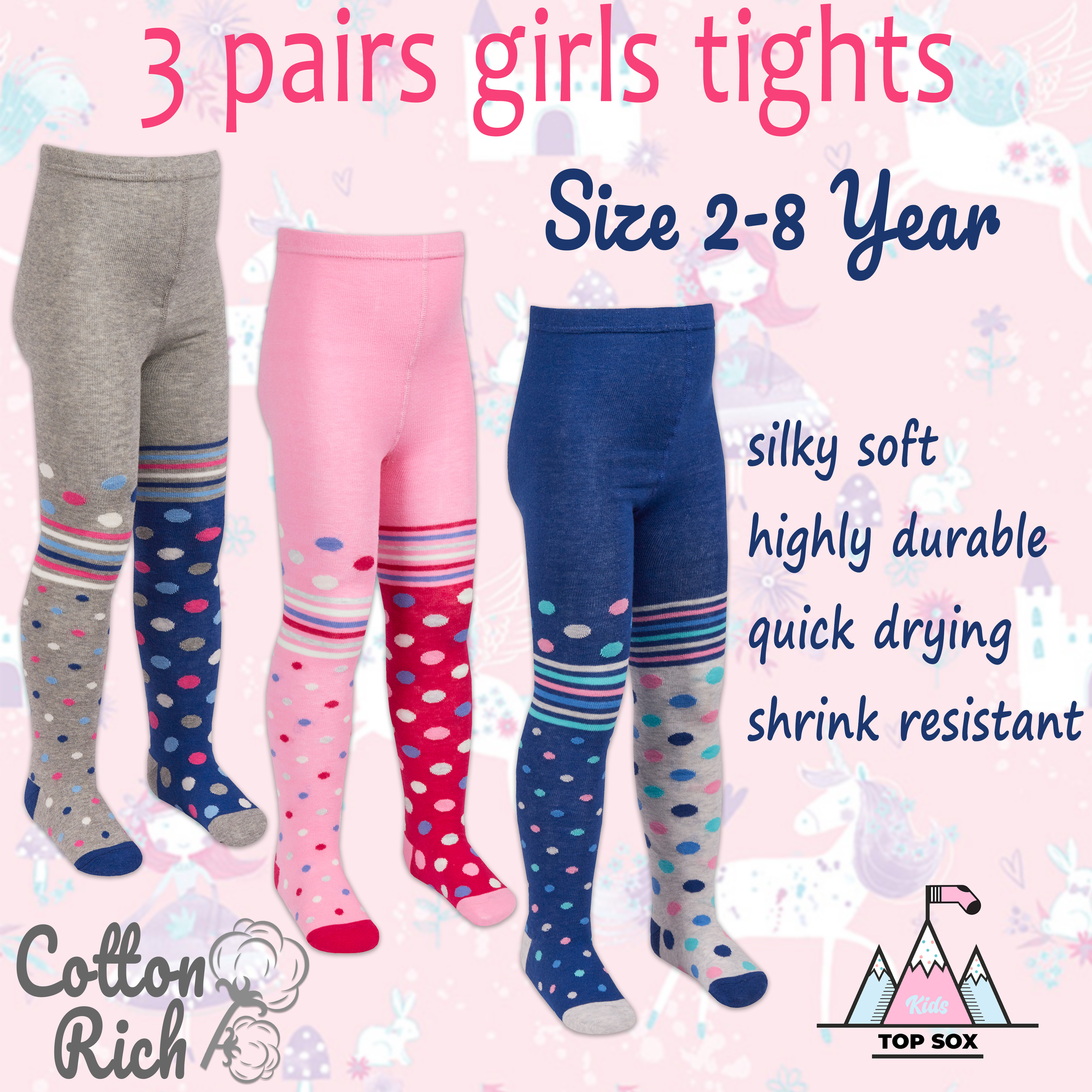 3 Pairs Girls Children's Design Tights Spots Stripes Cotton Rich ...