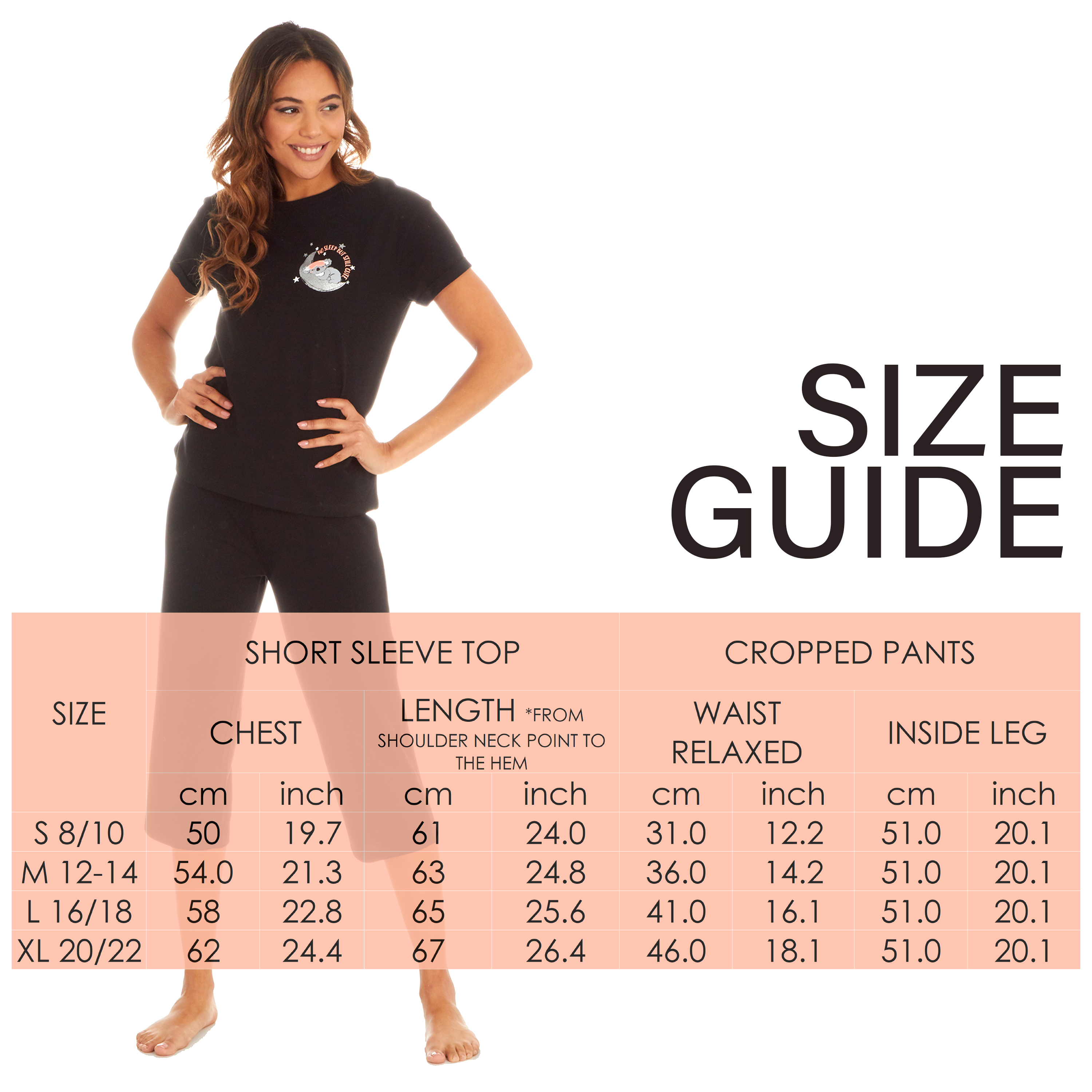 Ladies Cropped Pyjama Set Capri PJs Black Size 8 10 12 14 16 18 20 22 ...