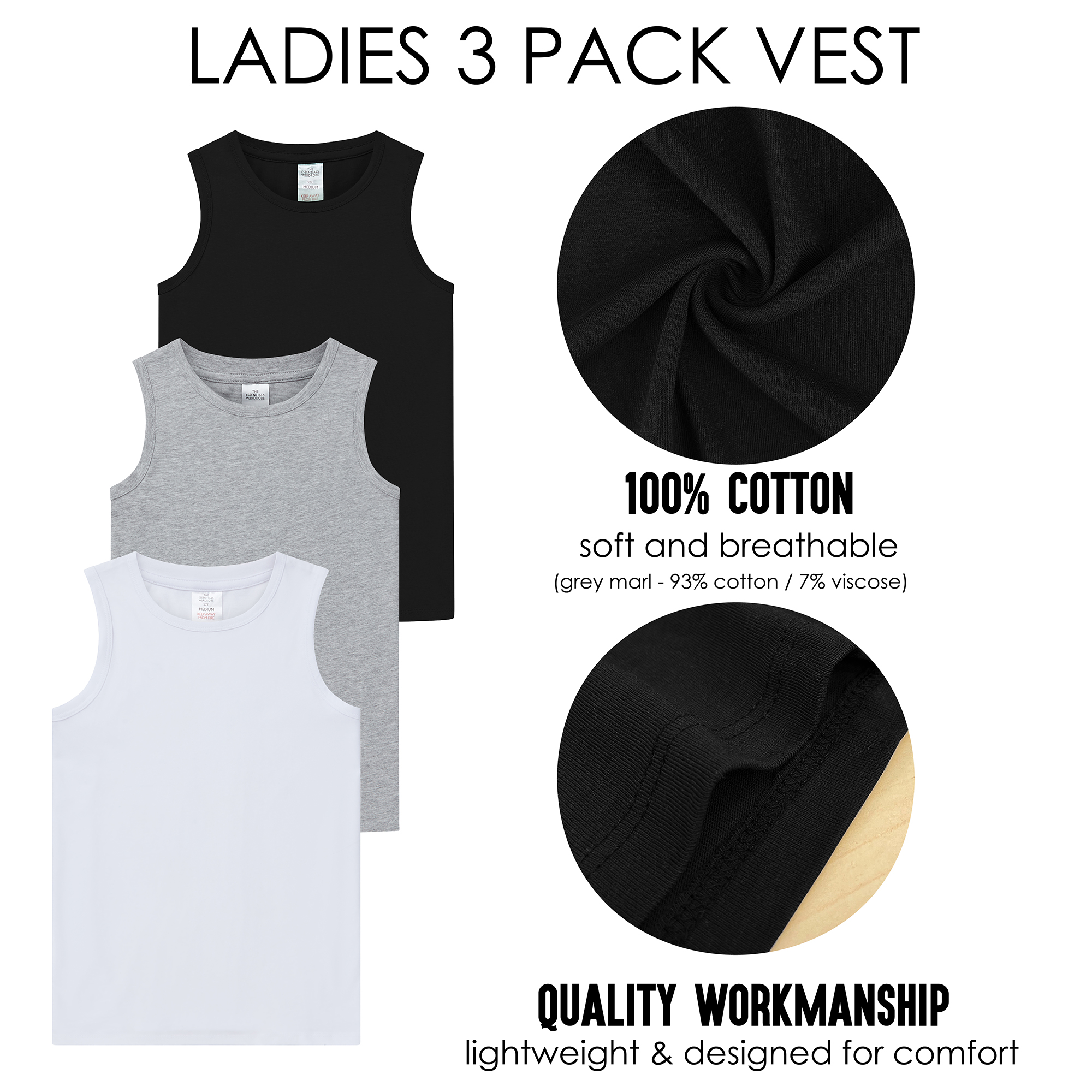 Ladies Vest 3 Pack Womens Multicoloured 100% Cotton Tee Crew Neck Size ...