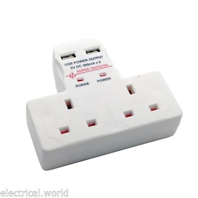 Zexum 2 Gang & 2 USB Multiway Mains Wall Plug Extension Adapter, Surge ...