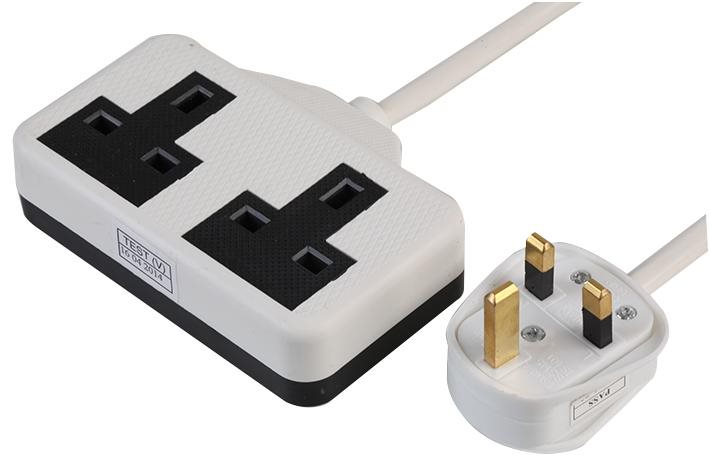 White UK 3 Pin Plug With 2 Gang 2G Socket Extension Lead, Choose ...