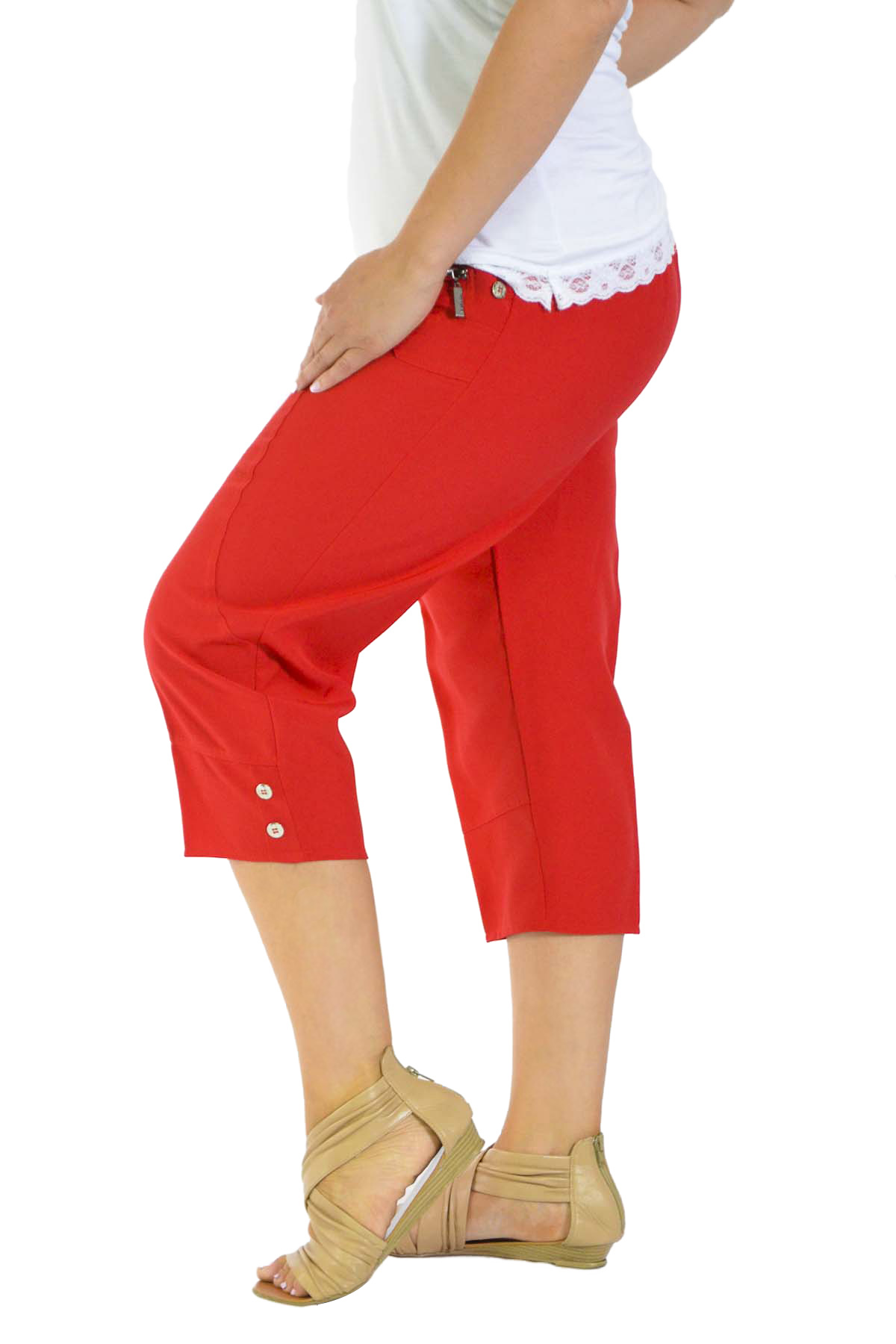 New Womens Plus Size Trousers Cropped Pants Elasticated Waist Capri