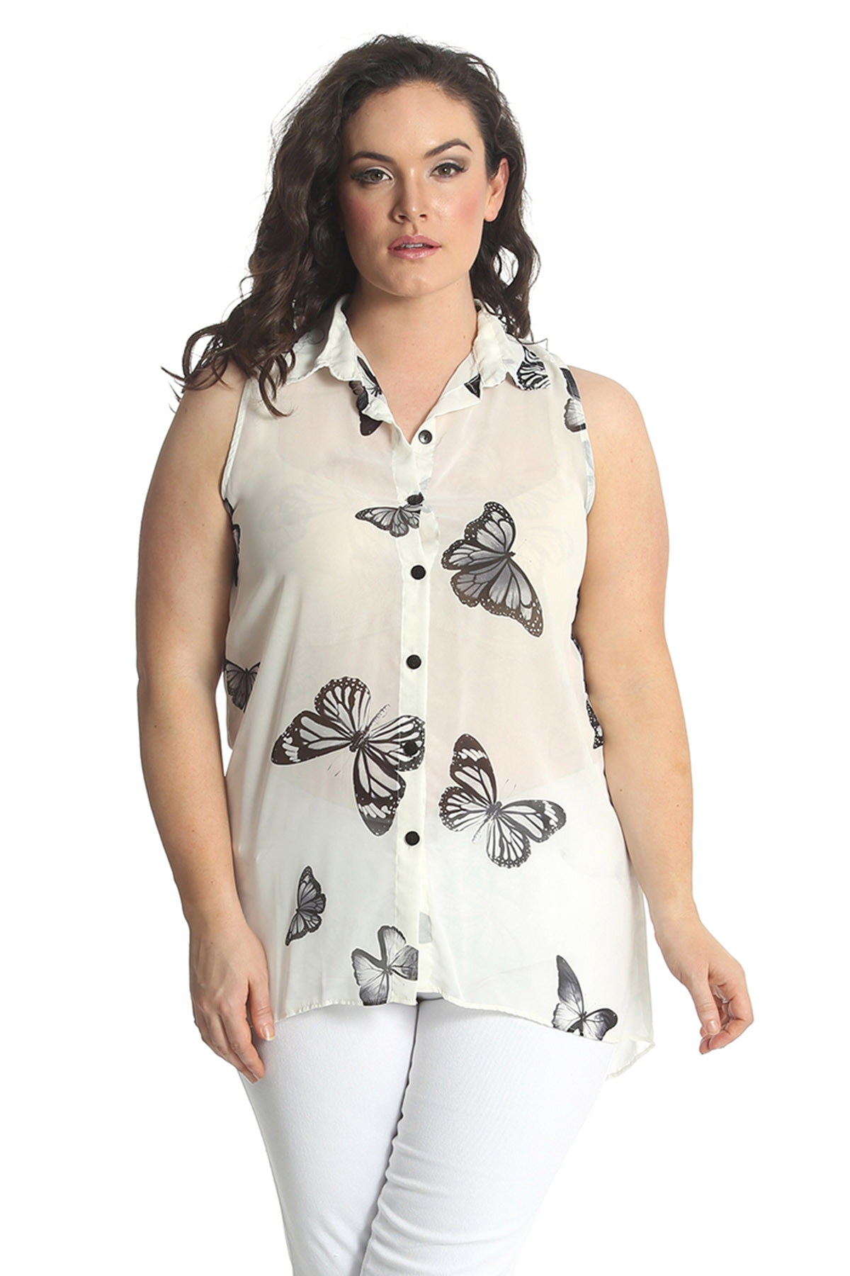 New Womens Shirt Plus Size Ladies Top Chiffon Butterfly Collar Summer ...