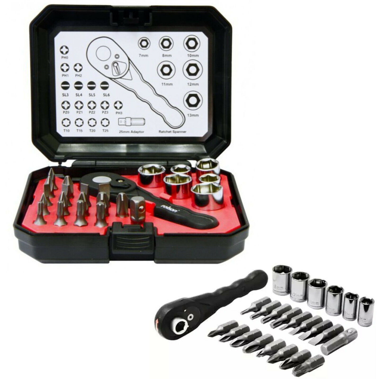 Rolson Genuine Rolson 24 Piece Ratchet Tool & Screwdriver Bit Set 1/4 ...